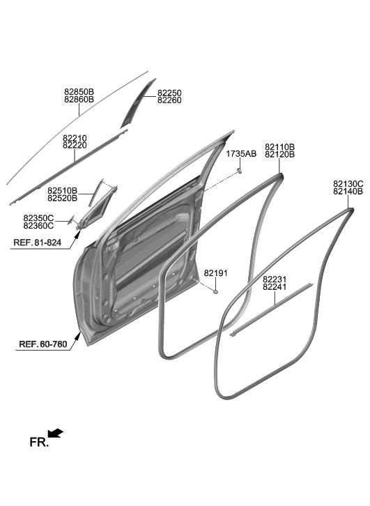 82850-S1000 - Genuine Hyundai MOULDING ASSY-FRT DR FRAME,LH