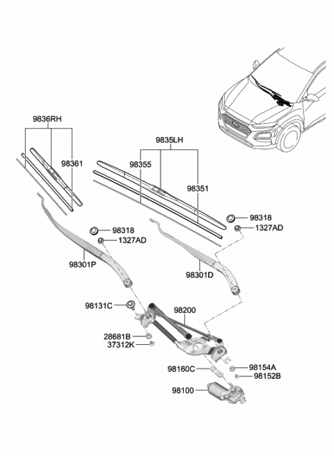 98360-1W000 Genuine Hyundai Passeger Wiper Blade Assembly