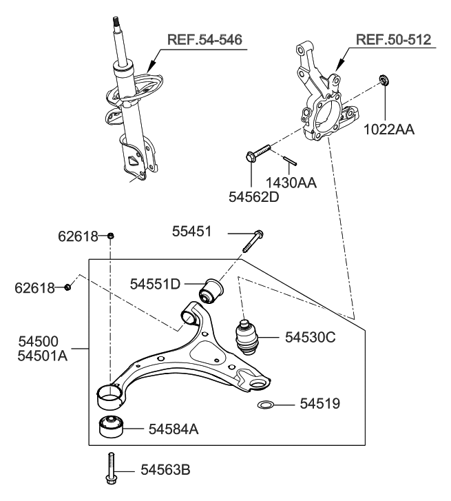 54500-2B000 Genuine Hyundai Arm Complete-Front Lower,LH