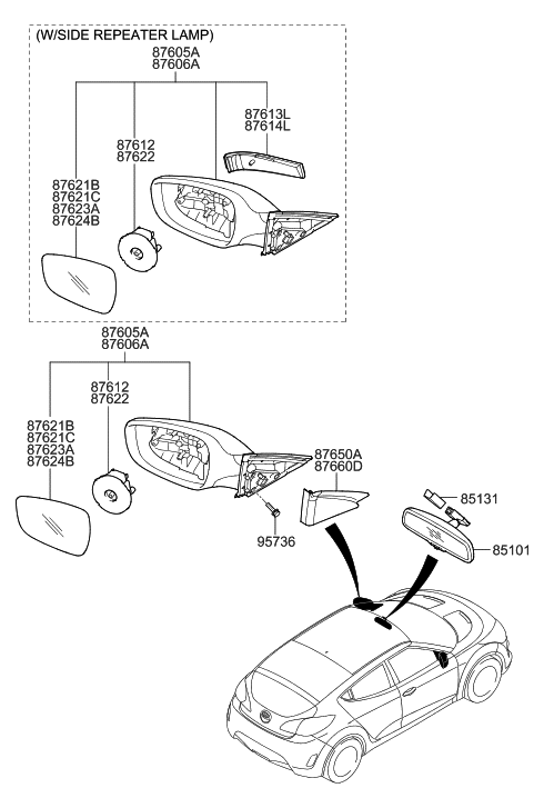 87621-2V300 Genuine Hyundai Mirror & Holder-Outside Rear,RH