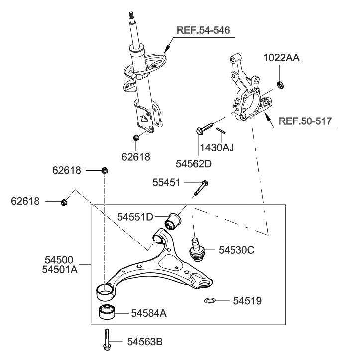 54500-2B500 Genuine Hyundai Arm Complete-Front Lower,LH